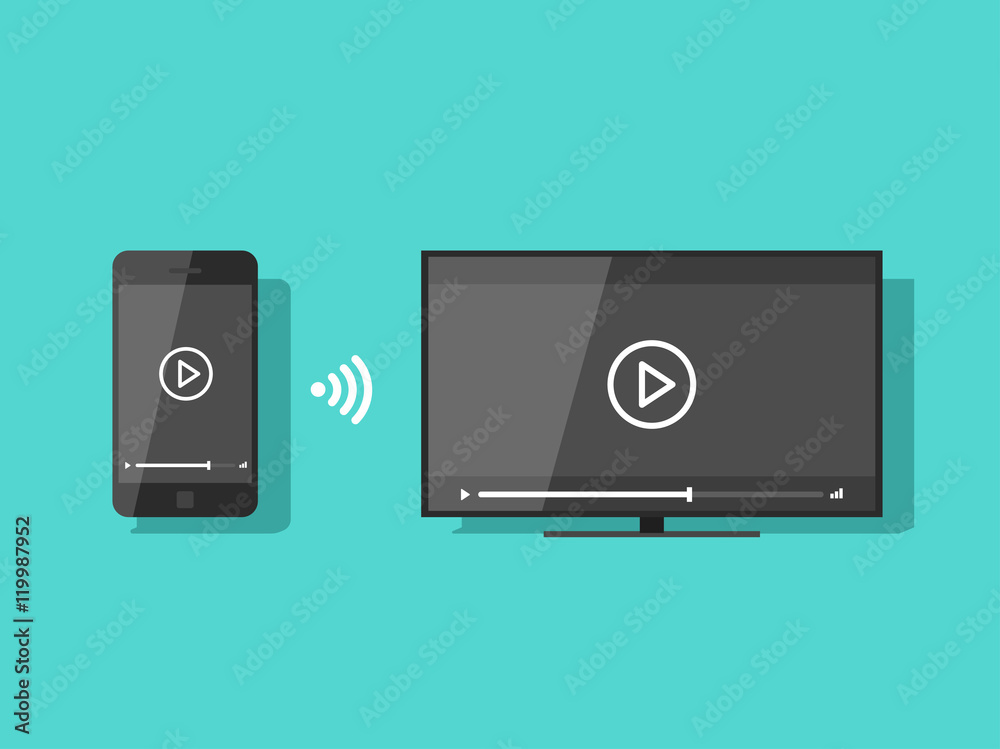 Mobile phone connected to TV streaming video vector illustration, flat ...