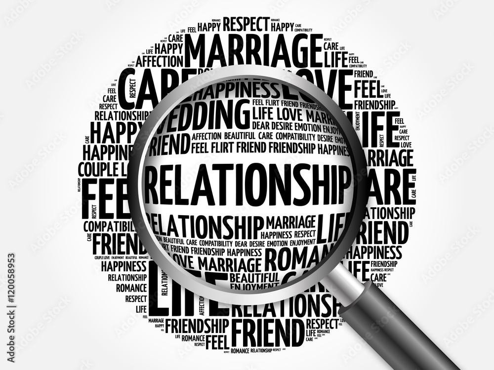 Ilustración de Stock Relationship word cloud with magnifying glass ...