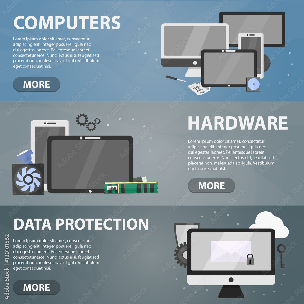 Vector flat horizontal banners of computers, hardware and data ...