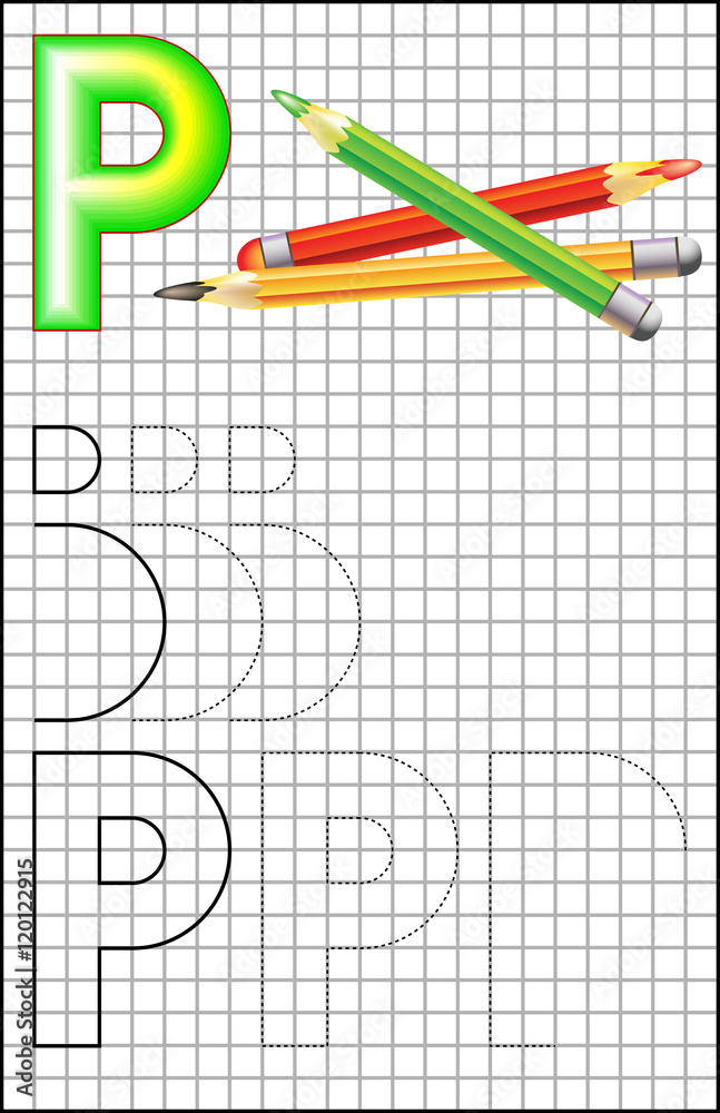 Educational page with alphabet letter P on a square paper. Developing ...