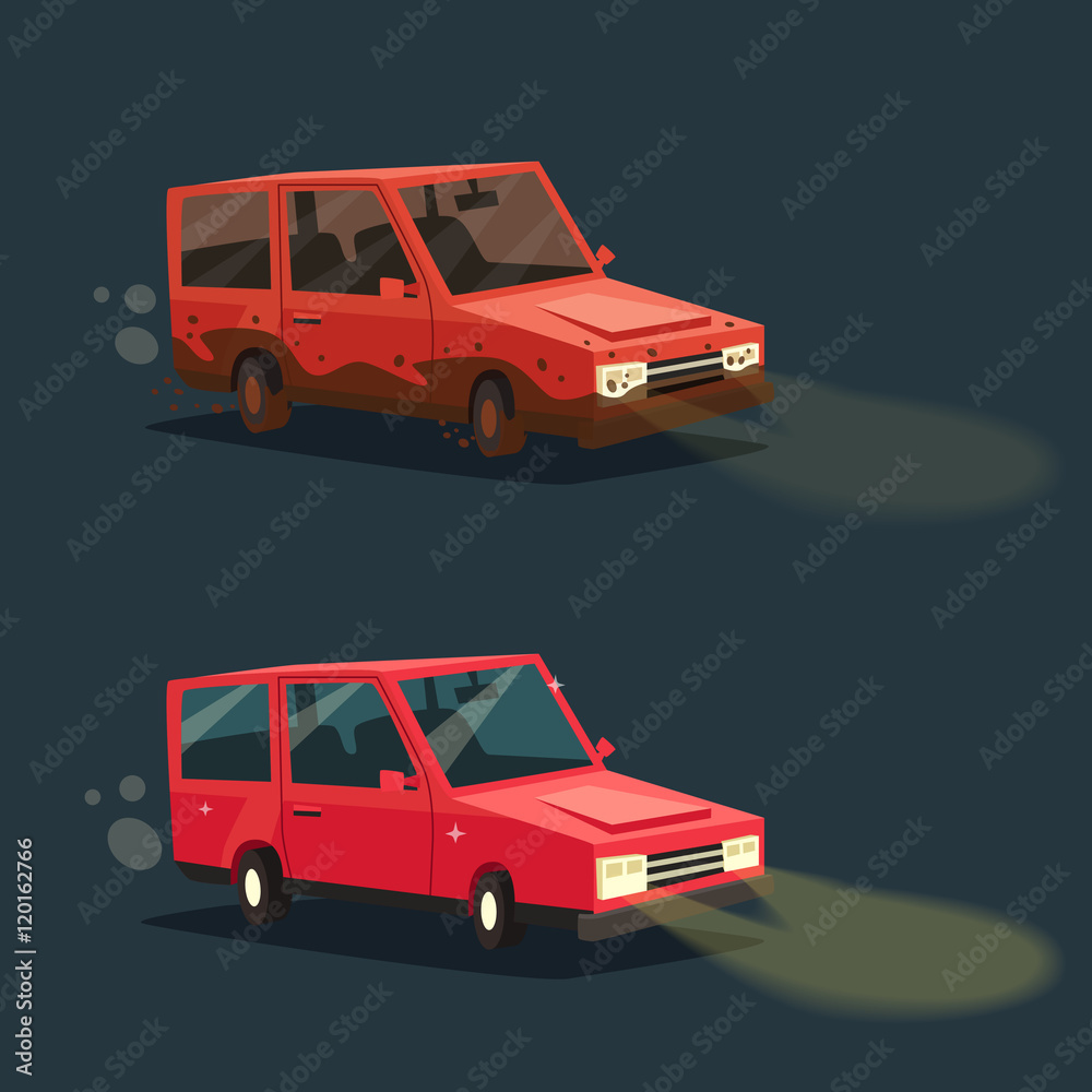 Dirty and clean car. American automobile. Cartoon vector illustration ...