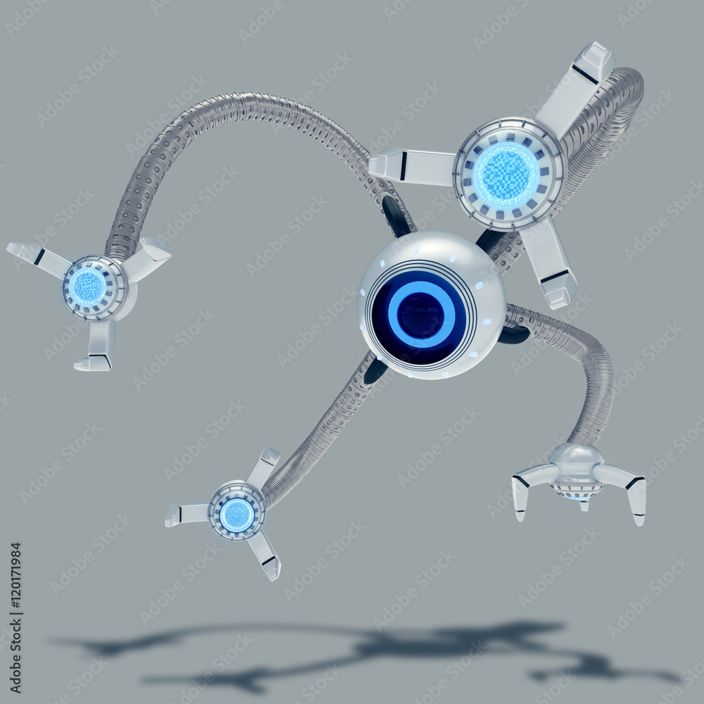 White futuristic flying robot with one eye and four bionics limbs with ...