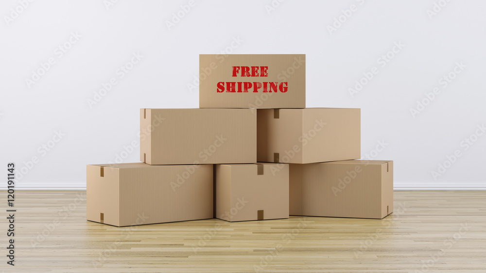 free shipping stamped on cardboard boxes in white background and wooden ...