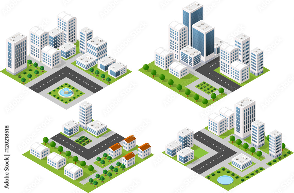 Set 3d isometric three-dimensional city with houses, skyscrapers ...