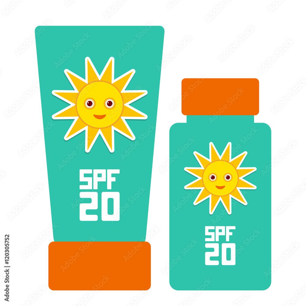Tube container of sun cream Sunscreen SPF 20. The blue tube on white ...
