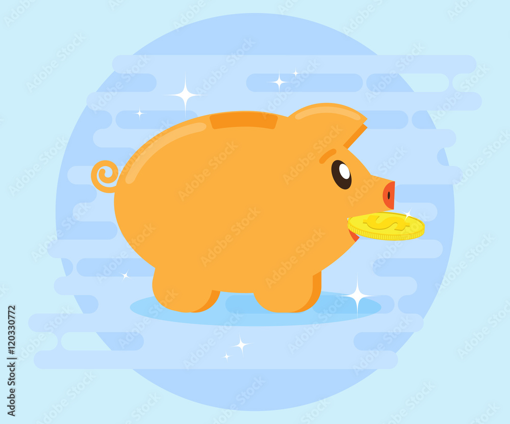 Happy pig piggy bank brings the gold coin. Investments. Creating a cash ...