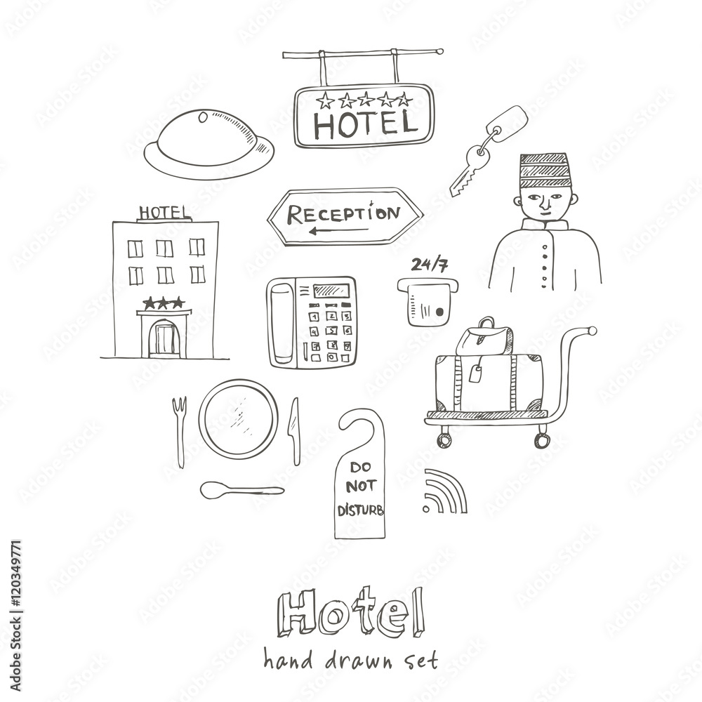 Vector hotel set doodle sketch illustration Stock Vector | Adobe Stock