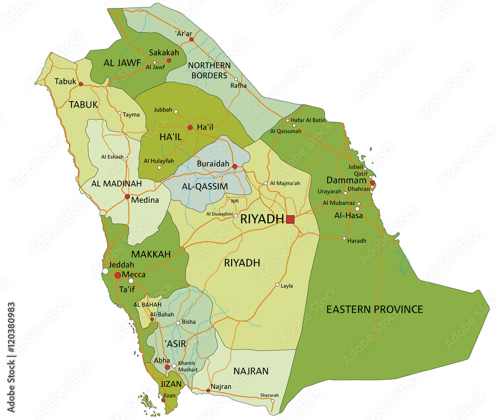 Highly detailed editable political map with separated layers. Saudi ...