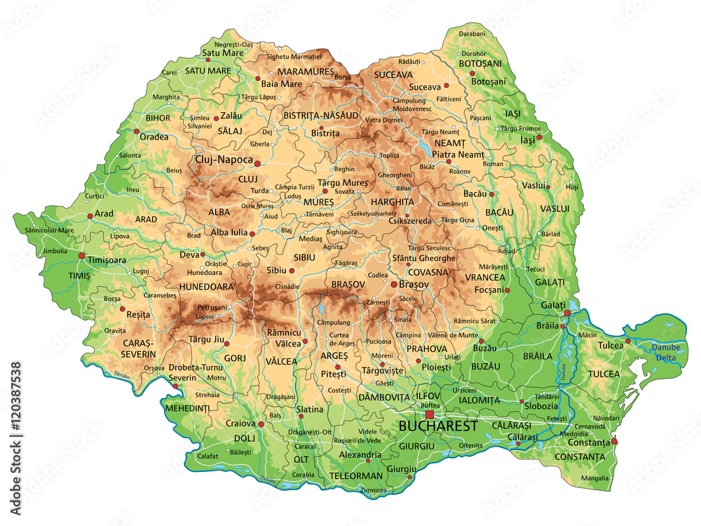 High detailed Romania physical map with labeling. Stock Vector | Adobe ...
