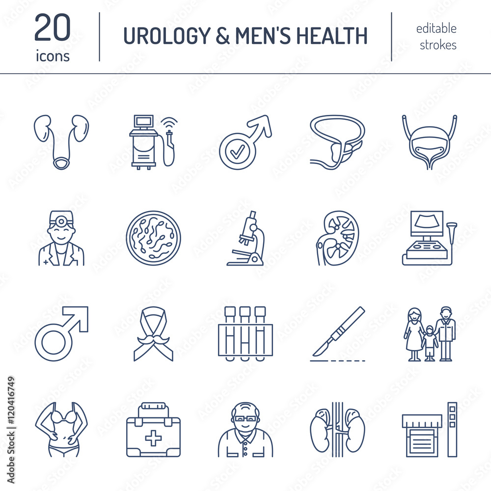 Modern vector line icons of urology. Elements - urologist, bladder ...