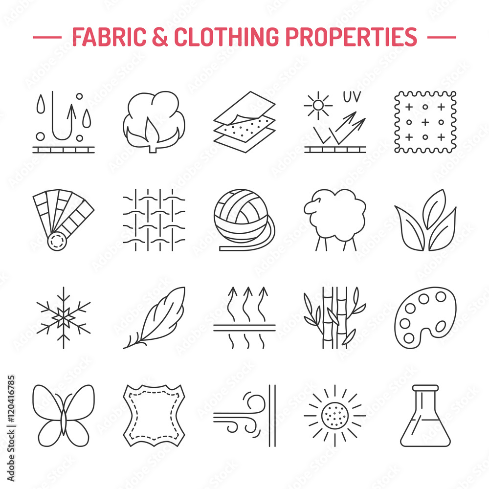Vector line icons of fabric feature, garments property symbols ...