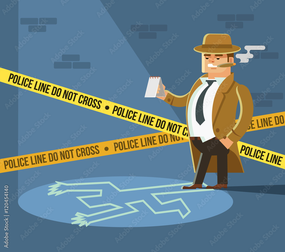 Detective at crime scene. Dead body. Vector flat cartoon illustration ...