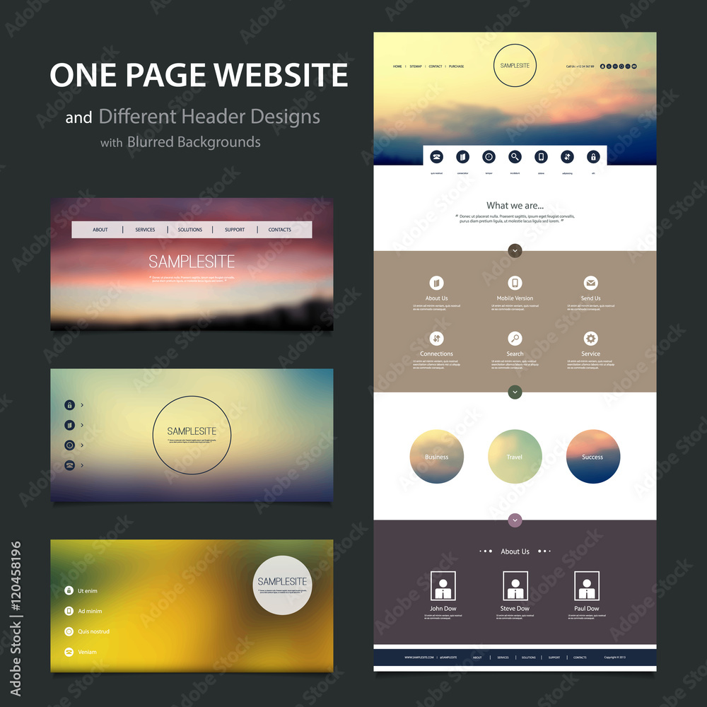 One Page Website Template and Different Header Designs with Blurred ...