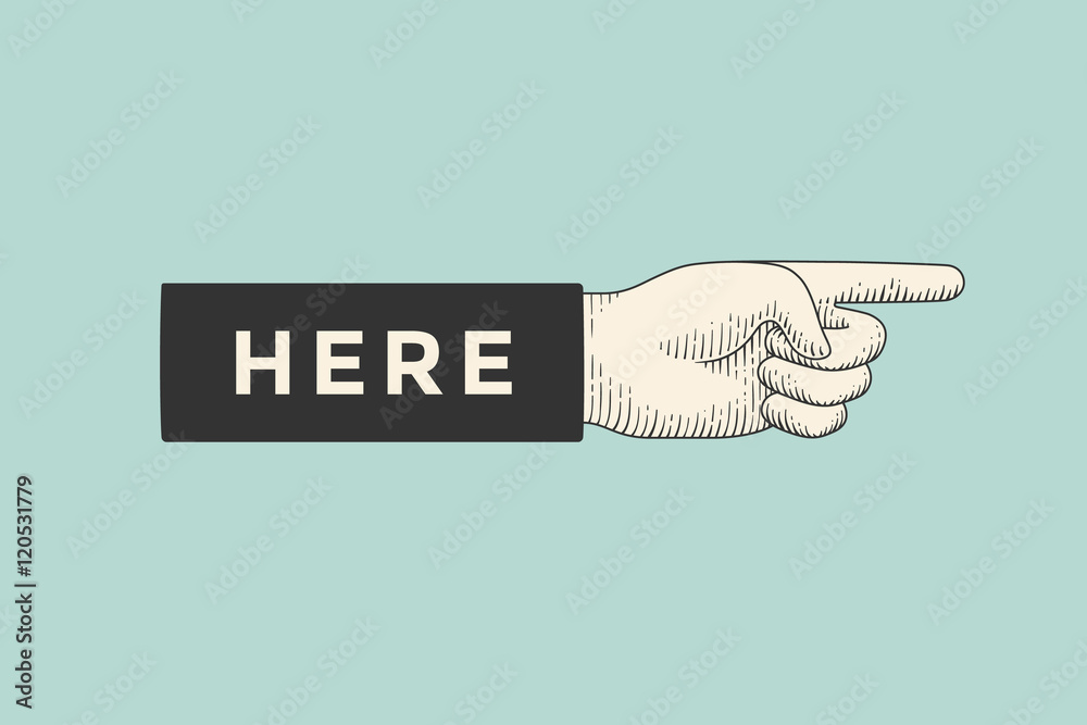 Vintage drawing of hand sign with pointing finger in engraving retro ...