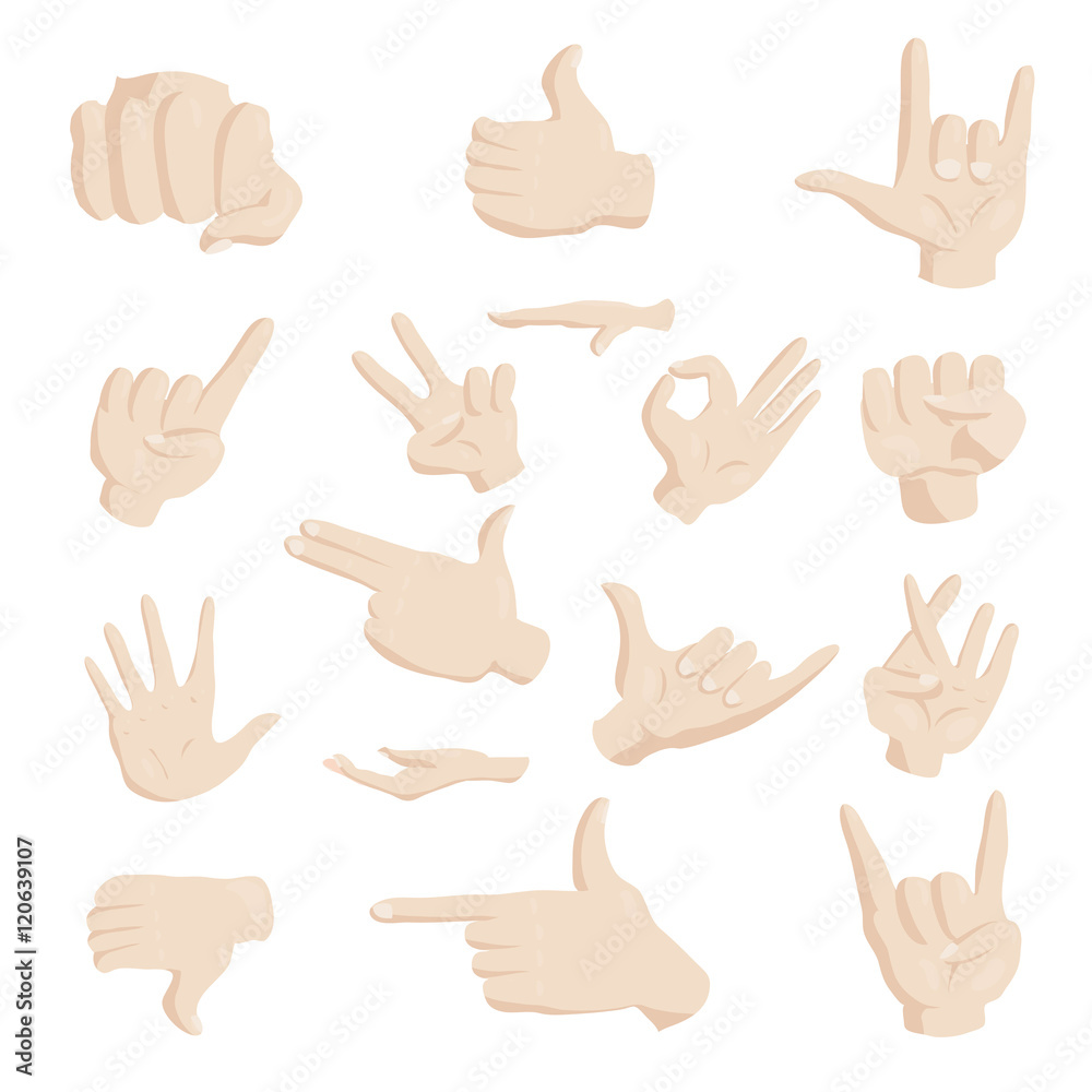 Hand gesture icons set in cartoon style. Finger language set collection ...