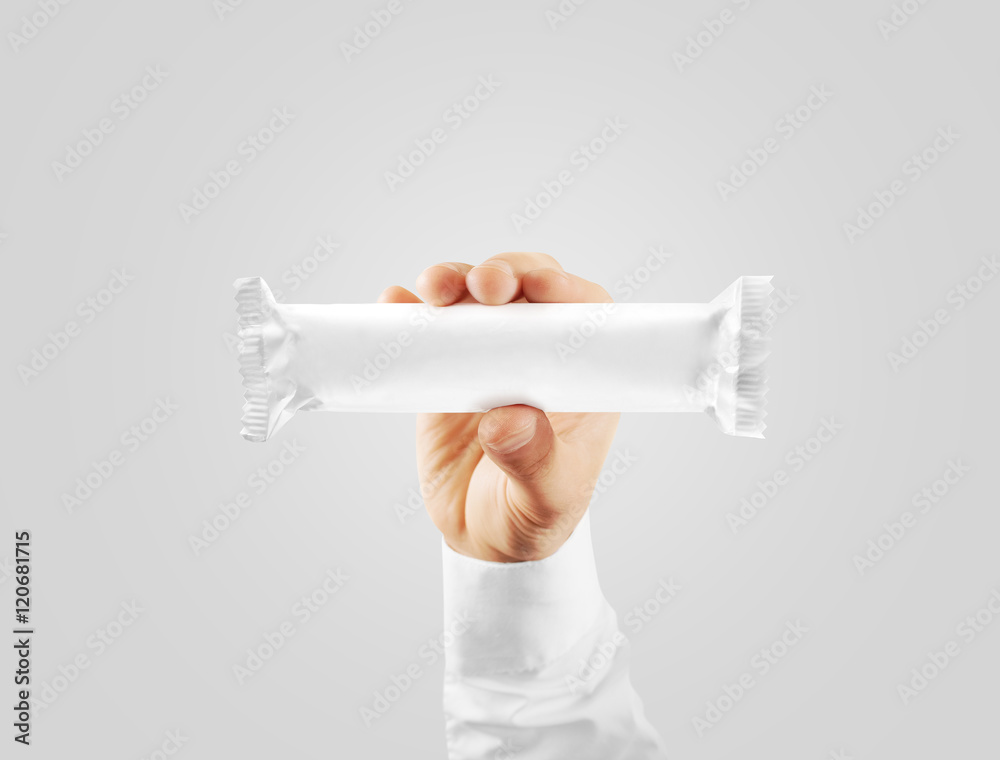 Blank white candy bar plastic wrap mock up holding in hand, clipping ...