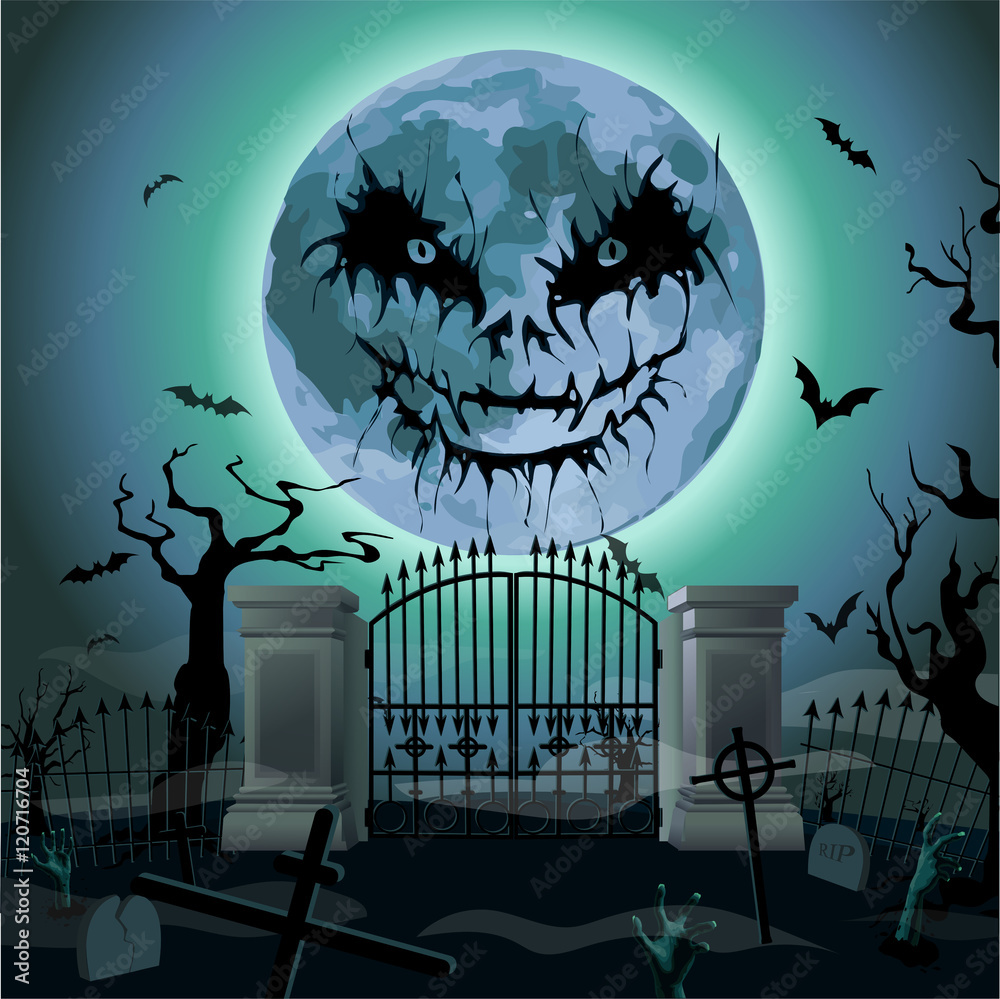 Halloween night: full moon cemetery graves gates zombie, zombi hands ...