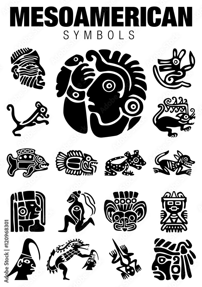 Set of Mesoamerican Symbols in black color on white background Stock ...