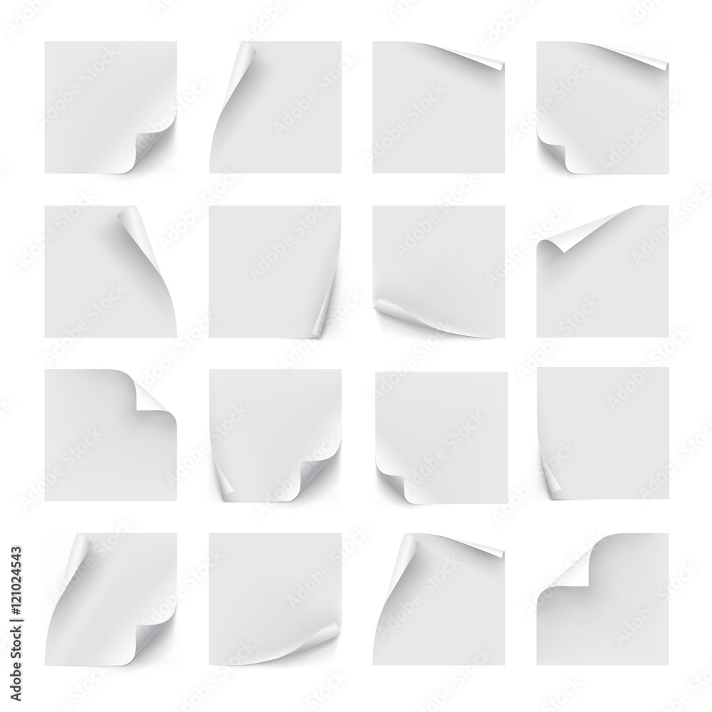 Vector set of white stickers. Paper for note, memo and notice. Sticky ...