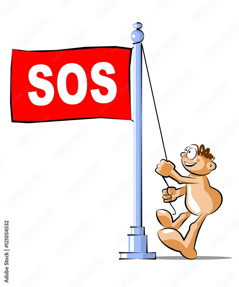 Cartoon raising a flag with the acronym SOS Stock Vector | Adobe Stock