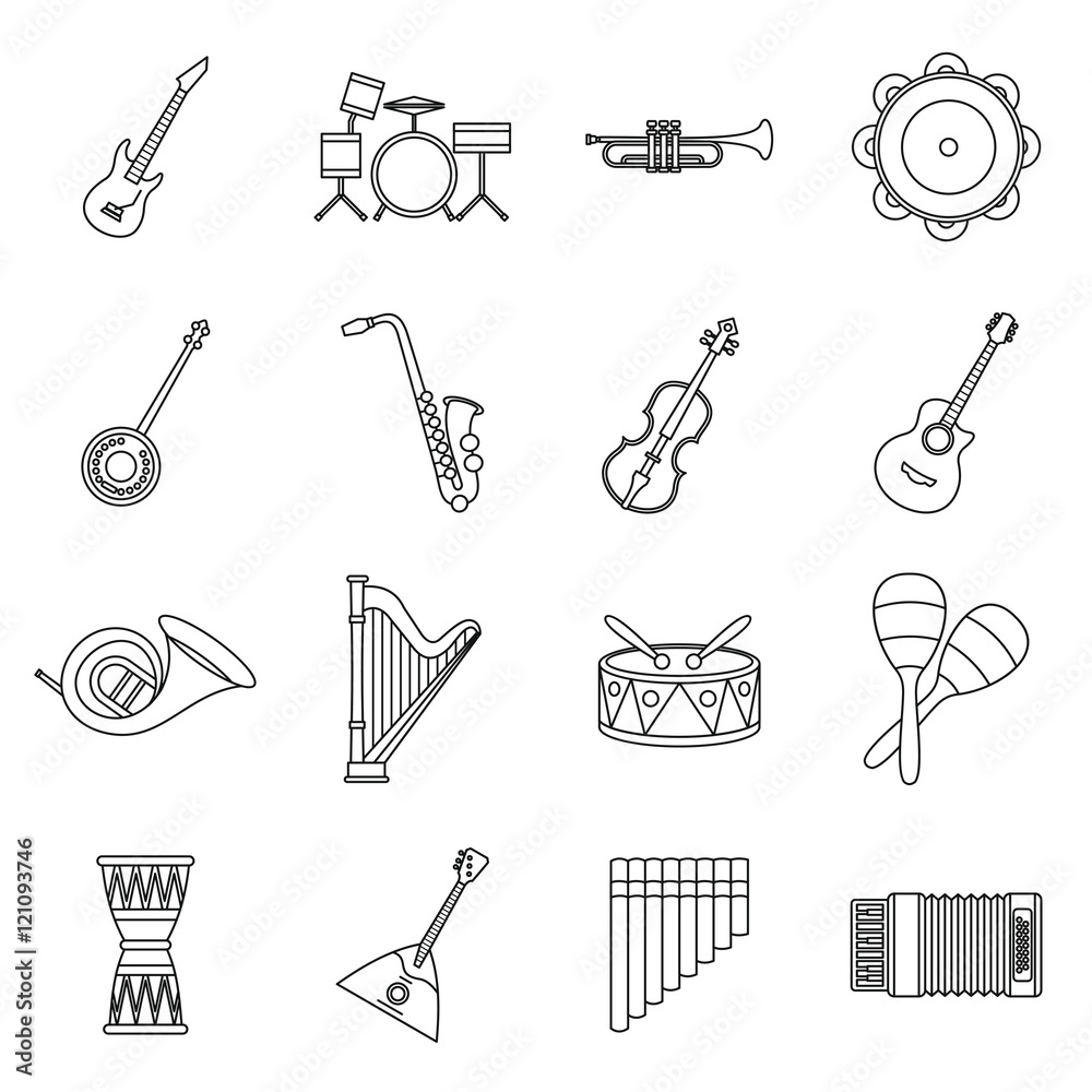 Musical instruments icons set in outline style. Orchestra instruments ...
