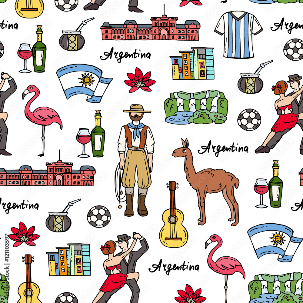 Vector seamless pattern with hand drawn colored symbols of Argentina ...