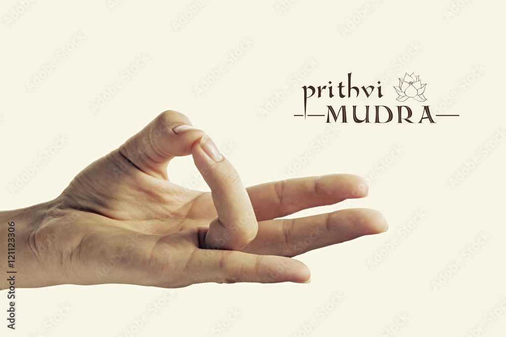 Image of woman hand in Prithvi mudra. Gesture is isolated on toned ...