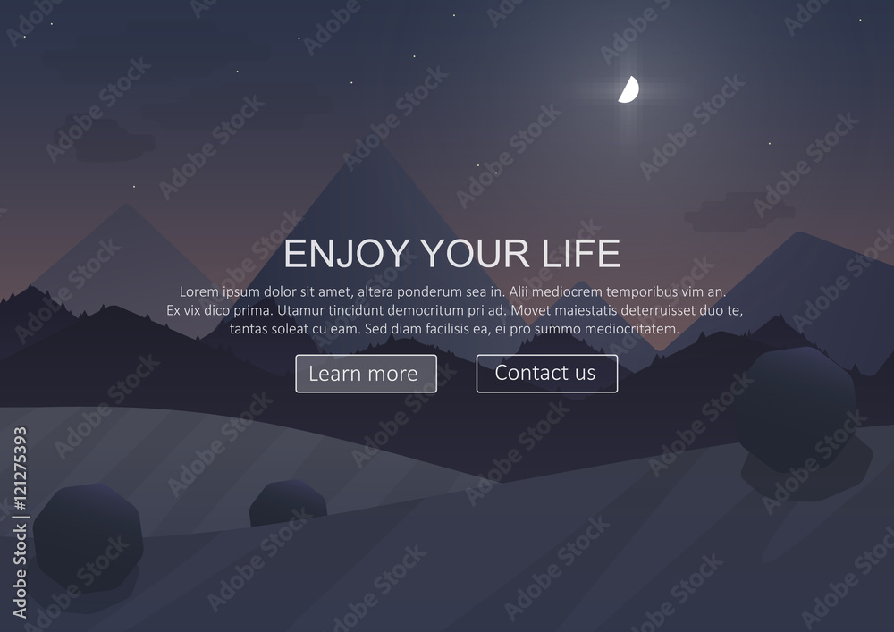 Night cartoon Mountain Landscape Background with trees and moon ...