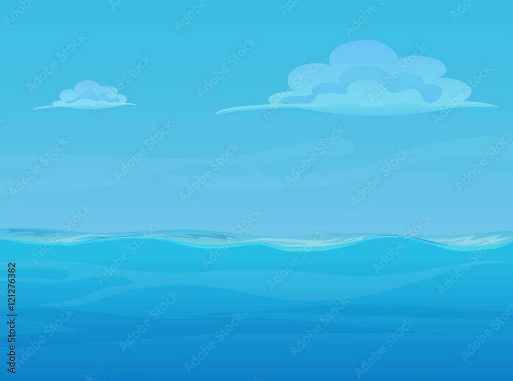 Water ocean sea landscape with sky and clouds. Vector game style ...