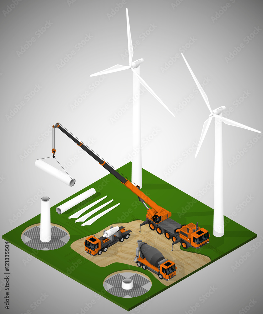 Vector isometric illustration describing a wind farm under construction ...