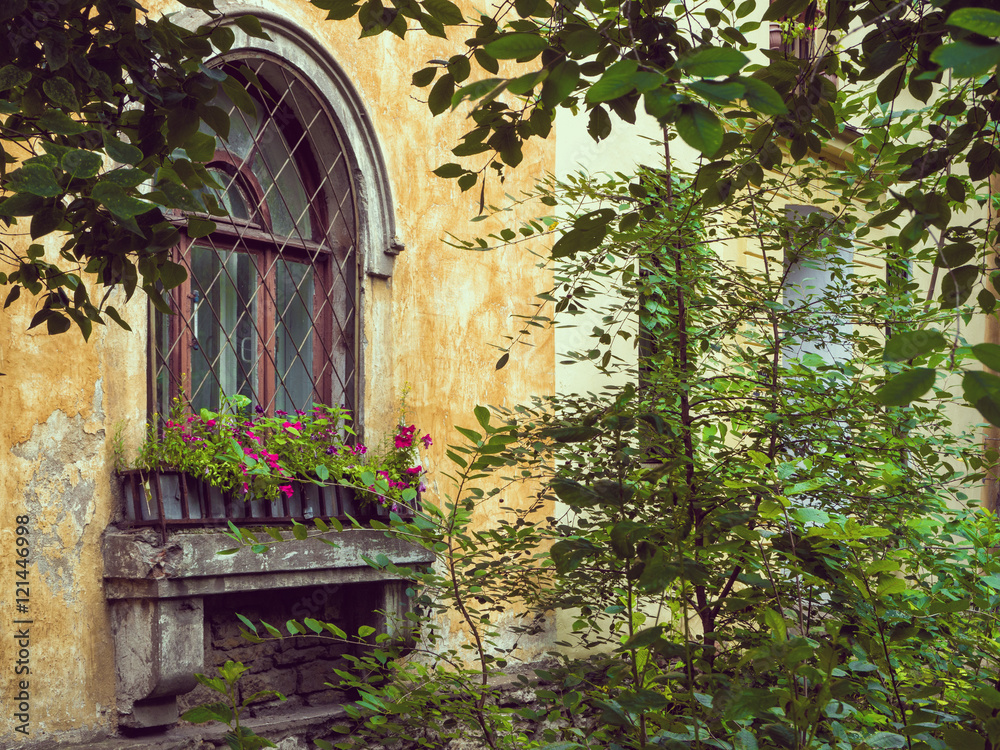 Old facade apartment building window. Green yard retro building with ...