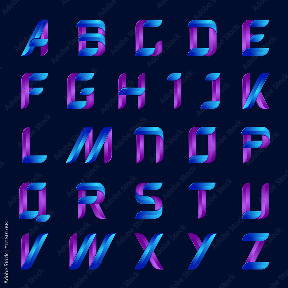 blue and purple color english alphabet letters set font style vector ...
