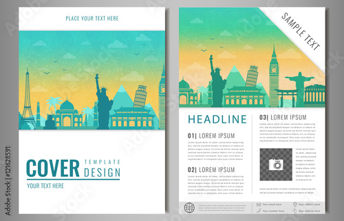 Travel brochure design with famous landmarks and world map. Template ...