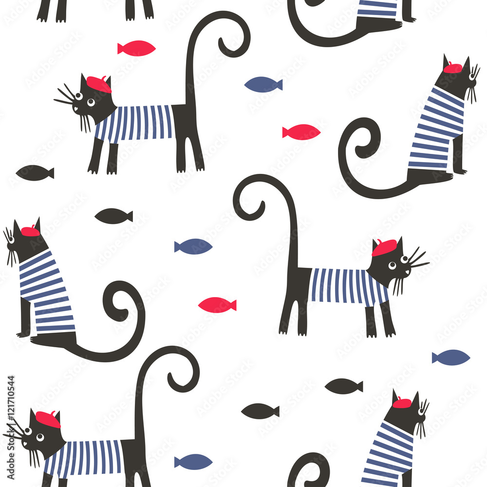 Cats and fish vector background. French style dressed cartoon animals ...