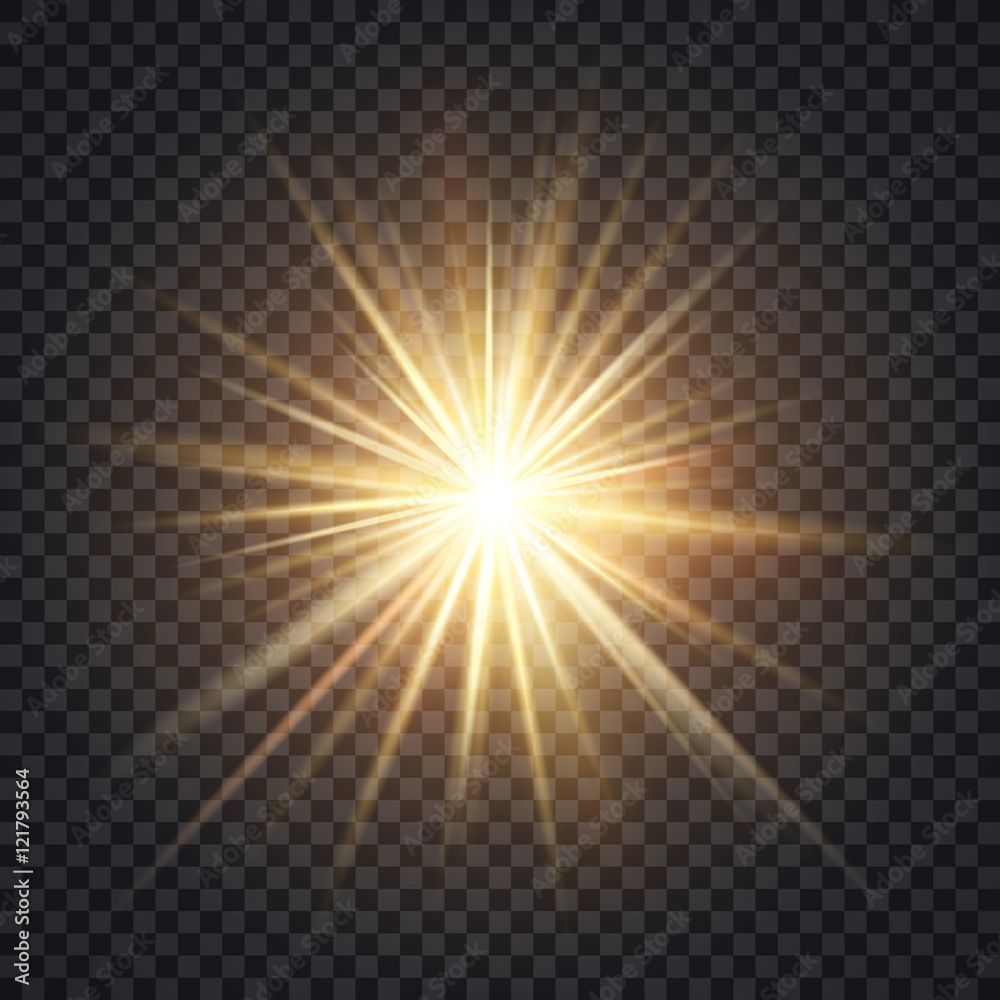 Vector realistic starburst lighting effect, yellow sun with rays and ...