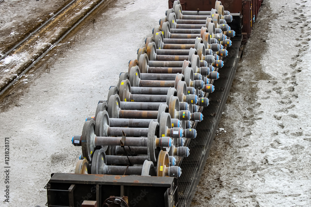 Flatcar full of new train wheel sets Stock Photo | Adobe Stock