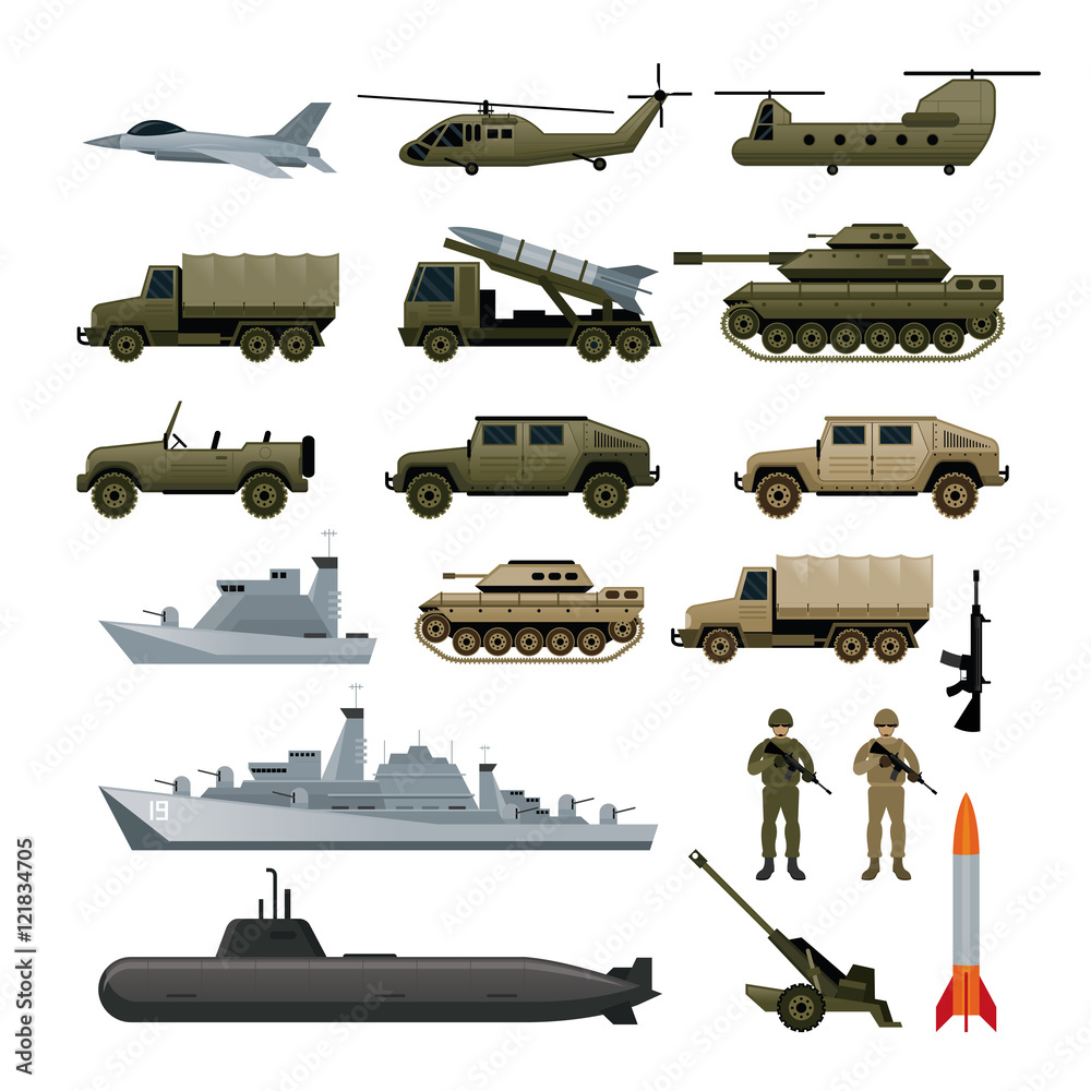 Military Vehicles Object Set, Side View, Army, Air Force, Navy, Marine ...
