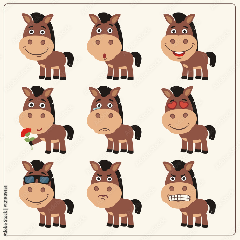 Vector set isolated emotion horse. Collection cute horse in cartoon ...