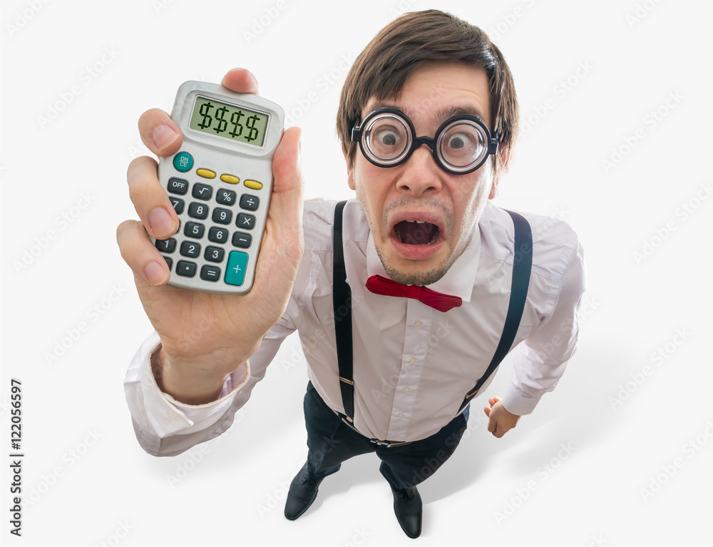 Stock-Foto „Funny and crazy accountant is showing calculator with Debt ...