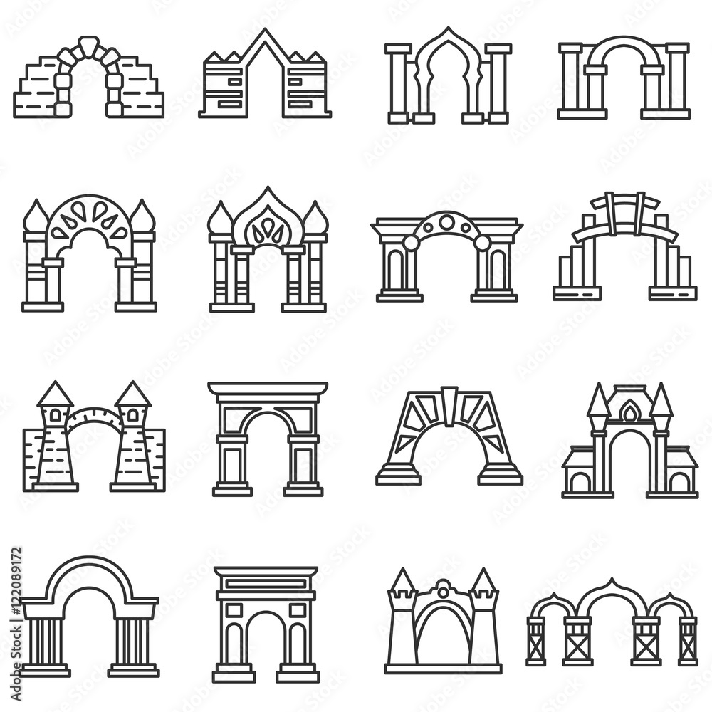 arch icons set. Architectural arches, old buildings collection. Thin ...