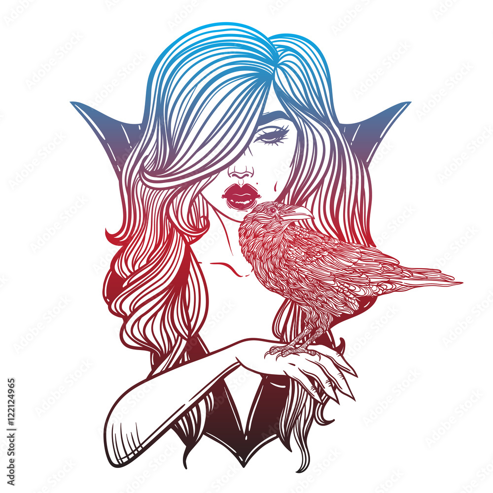 Vampire Girl with hand raven Line Art. Hand drawn vector illustration ...