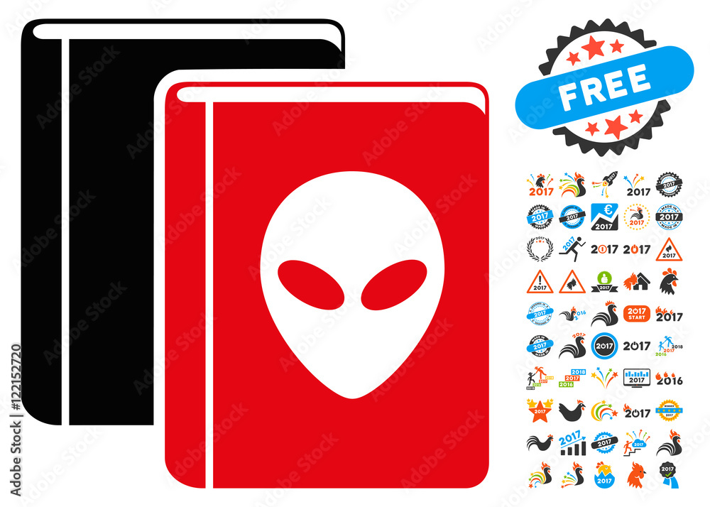 Alien Library icon with 2017 year bonus vector pictographs. Set style ...