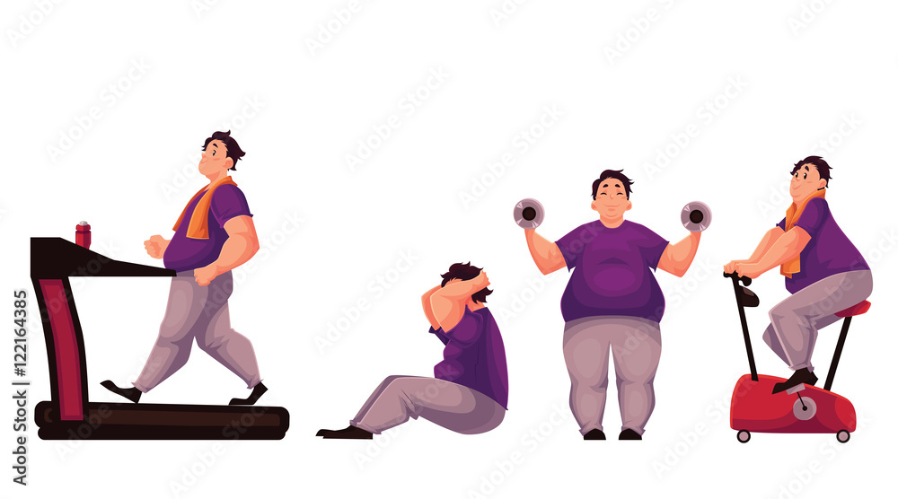 Fat man doing sport exercises, cartoon vector illustration isolated on ...