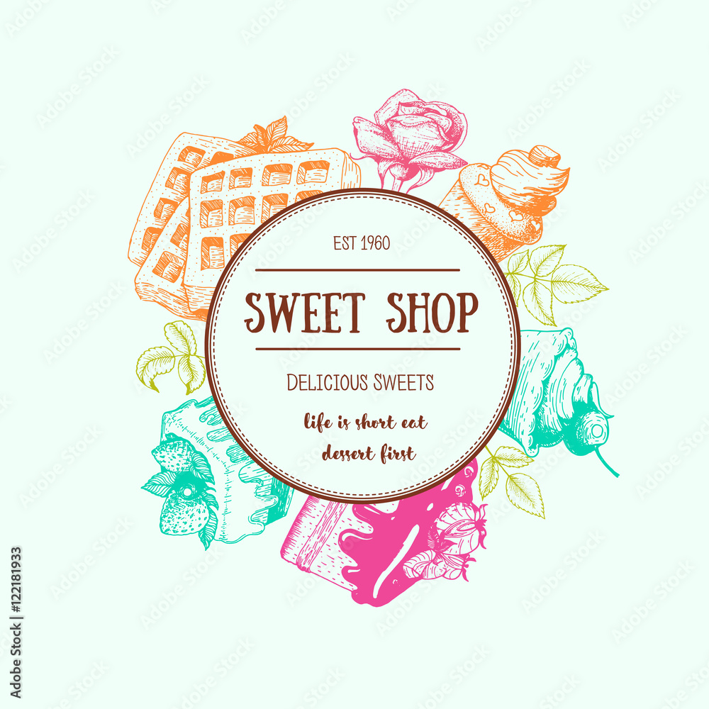 Vector card or invitation design template. Ink hand drawn desserts ...