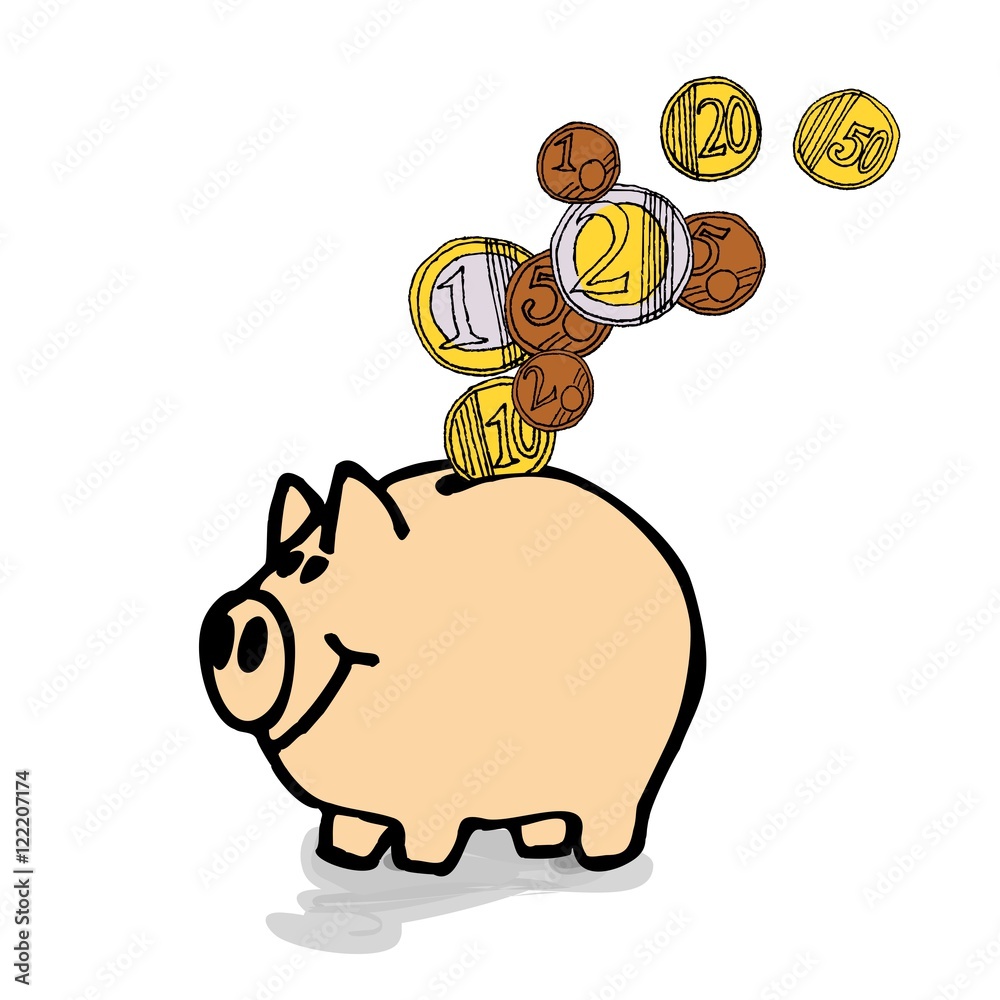 Kleingeld sparen - Illustration - von Hand gezeichnet - Sparschwein mit ...
