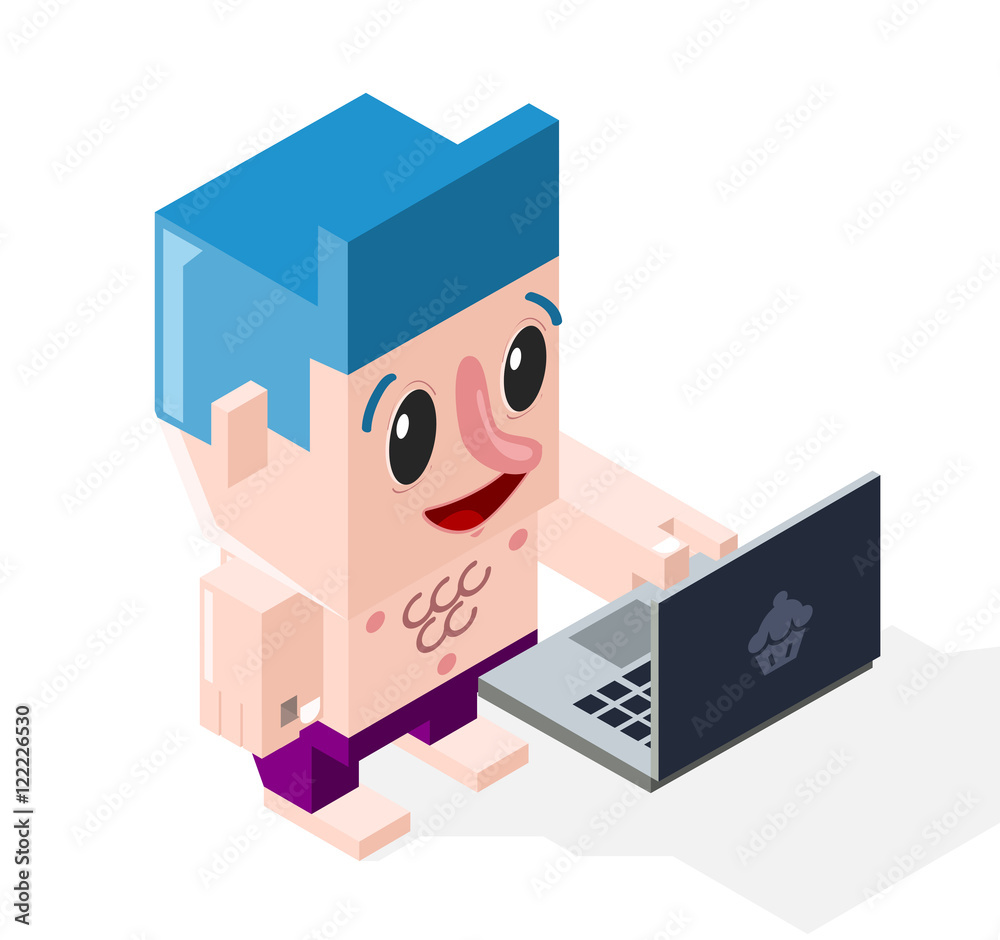 Very Happy Cartoon Boy with a Computer on White Background. Business ...