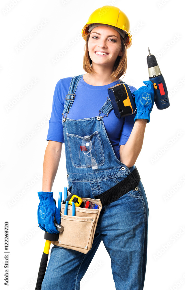 Pretty young female woman contractor construction worker carpenter do ...