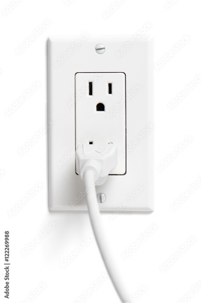 Electrical cord plugged into outlet isolated on white background for ...