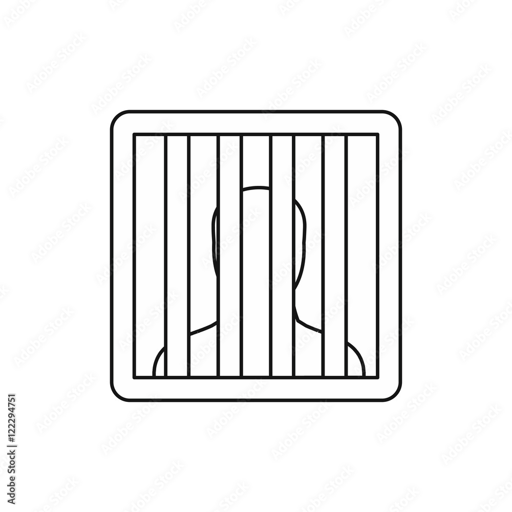 Prisoner behind bars icon in outline style isolated on white background ...