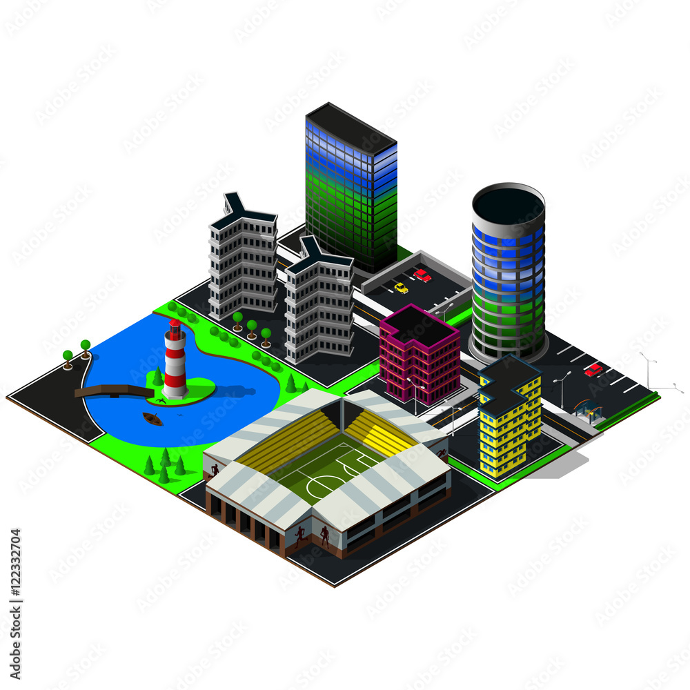 Big isometric city. Skyscrapers, stadium, buildings. Map includes river ...